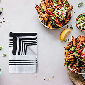 Black White Set of 4 Kitchen Dish Towels 20X30 Inch Extra Large Size Highly Absorbent 100% Cotton Hand Towel with Mitered Corners Modern Stripes For Bar & Tea And Household Use With Hanging Loop