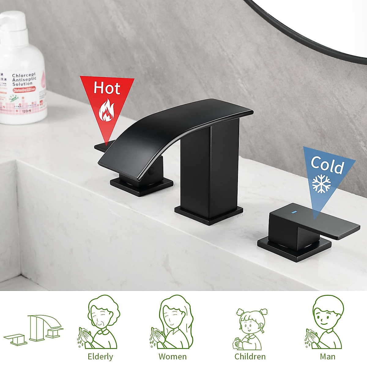 VIKASI Waterfall Bathroom Faucets for Sink 3 Hole Matte Black Bathroom Sink Faucet with Pop Up Drain 8 Inch Widespread Vanity Faucets Basin Faucet Modern Vanity Faucet 2 Handle Lavatory Faucet