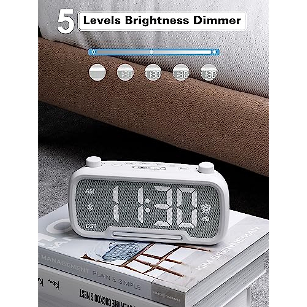 Alarm Clock with Bluetooth Speaker, FM Radio,Bedside Alarm Clock with 2 USB Chargers,Adjustable Dimmer and Volume,12/24H,Snooze,Battery Backup,Plugged in Clock Radio for Adult Kid Heavy Sleeper