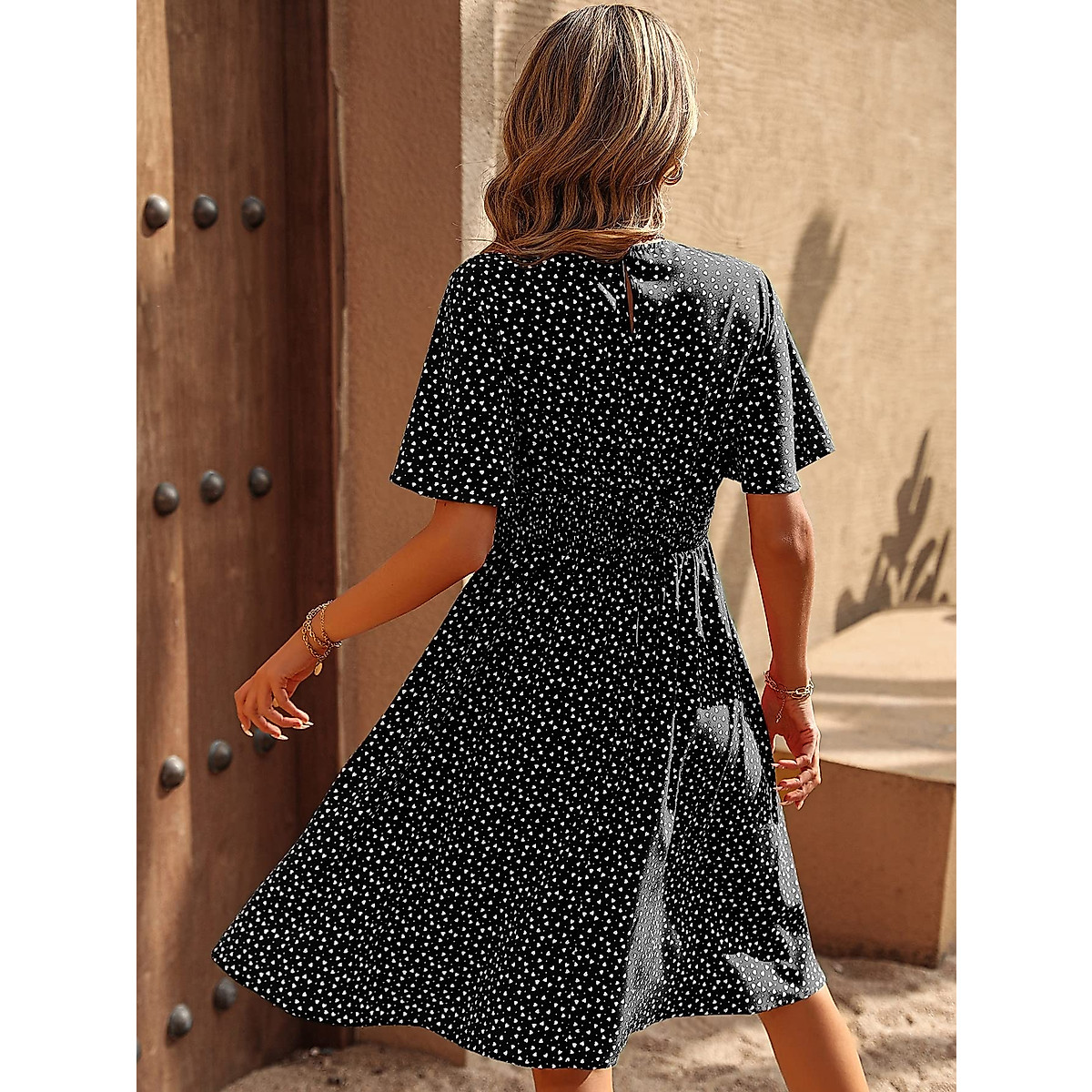 Floerns Women's Confetti Heart Print Butterfly Sleeve Flared A Line Midi Dress Black and White XL