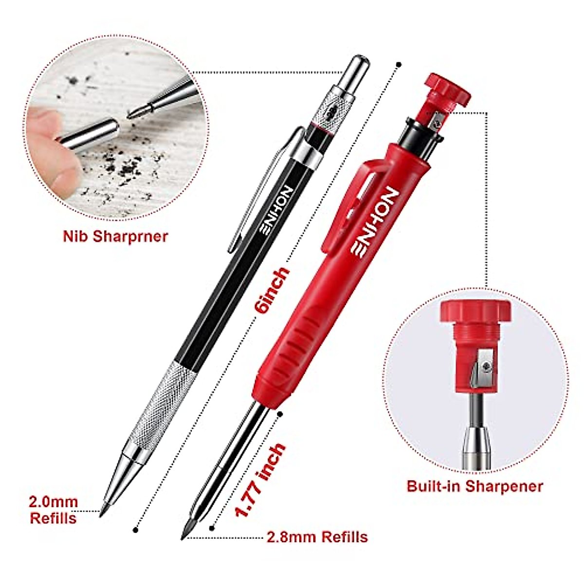 Mechanical Carpenter Pencils Set with Marker Refills and Carbide Scriber Tool, Solid Deep Hole Woodworking Pencils Marker Marking Tools with Built in Sharpener for Architect Construction