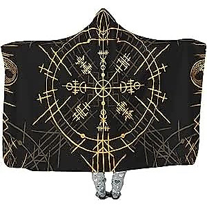 BURNAR Medieval 3D Printing Hooded Blanket Warm Compass Vegvisir Tree of Life Compass Rune Unisex Winter Wearable Hooded Blanket Double Thick Plush Wool Blanket (Color : A, Size : 80x60in/150x200cm)