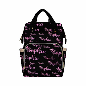Personalized Diaper Backpack with Name, Pink Sparkle Name Logo Text Black Custom Diaper Bag Baby Nappy Bag Shoulder Bag Casual Daypack Bag for Mom Dad Multifunctional Travel