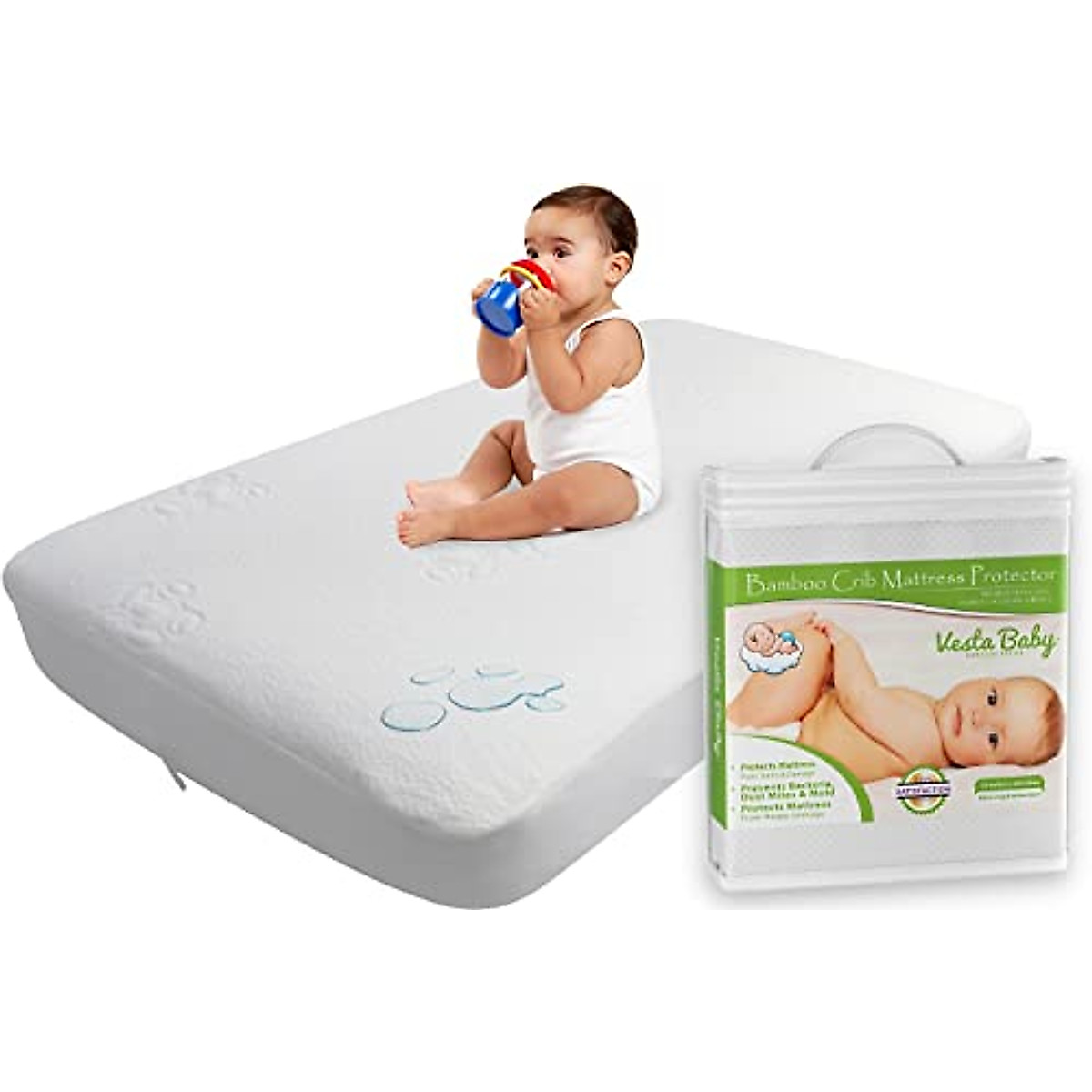 Vesta Baby Crib Mattress Protector Noiseless Waterproof Pad Cover Soft Jacquard Fitted Sheet Natural Bamboo for Infant and Toddler Standard Size Cribs