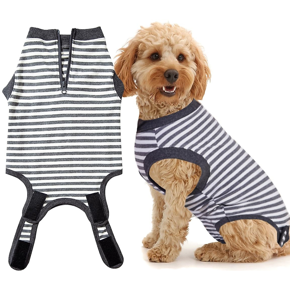 Wabdhally Dog Surgery Recovery Suit,Surgical Suit for Small Female Spay,Soft Combed Cotton,Grey Striped Zipper Onesie S