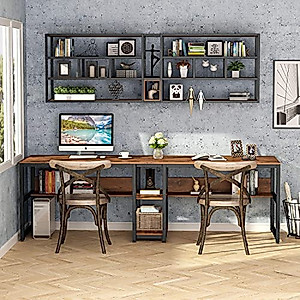 Tribesigns Two Person Desk with Bookshelf, 78.7 Computer Office Double Desk for Two Person, Rustic Writing Desk Workstation with Shelf for Home Office (Brown)