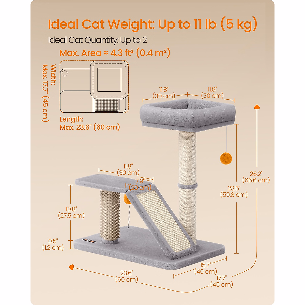 Feandrea Cat Scratching Post, Small Cat Tree Tower, Multifunctional Cat Scratcher with Self Groomer Brush, Rotatable Ramp, Pompoms, Cat Perch Bed for Indoor Cats, Light Gray UPCA024G01