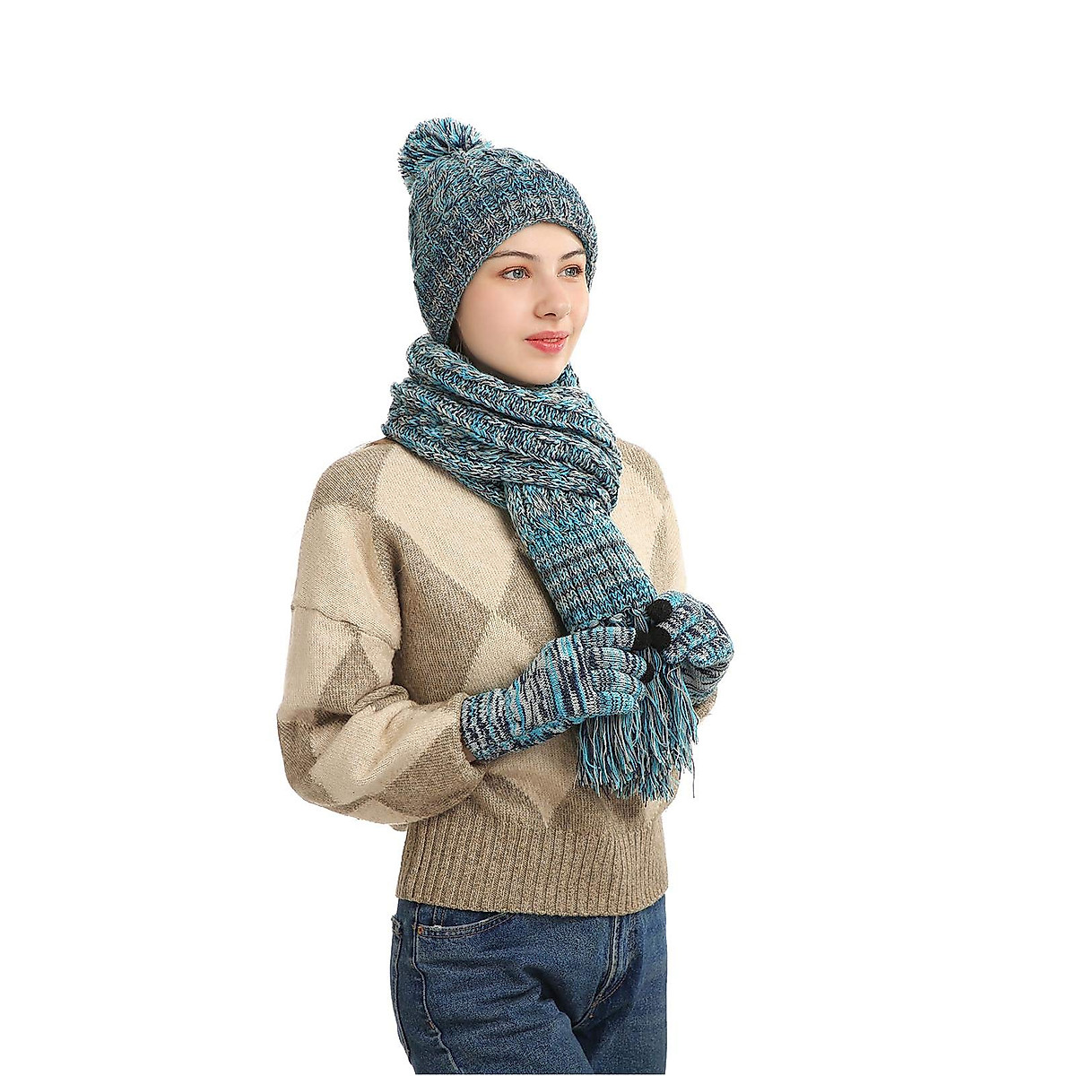 3 in 1 Winter Beanie Hat Neck Warm Scarf and Touch Screen Gloves Set for Women and Men,Knit Cap Set