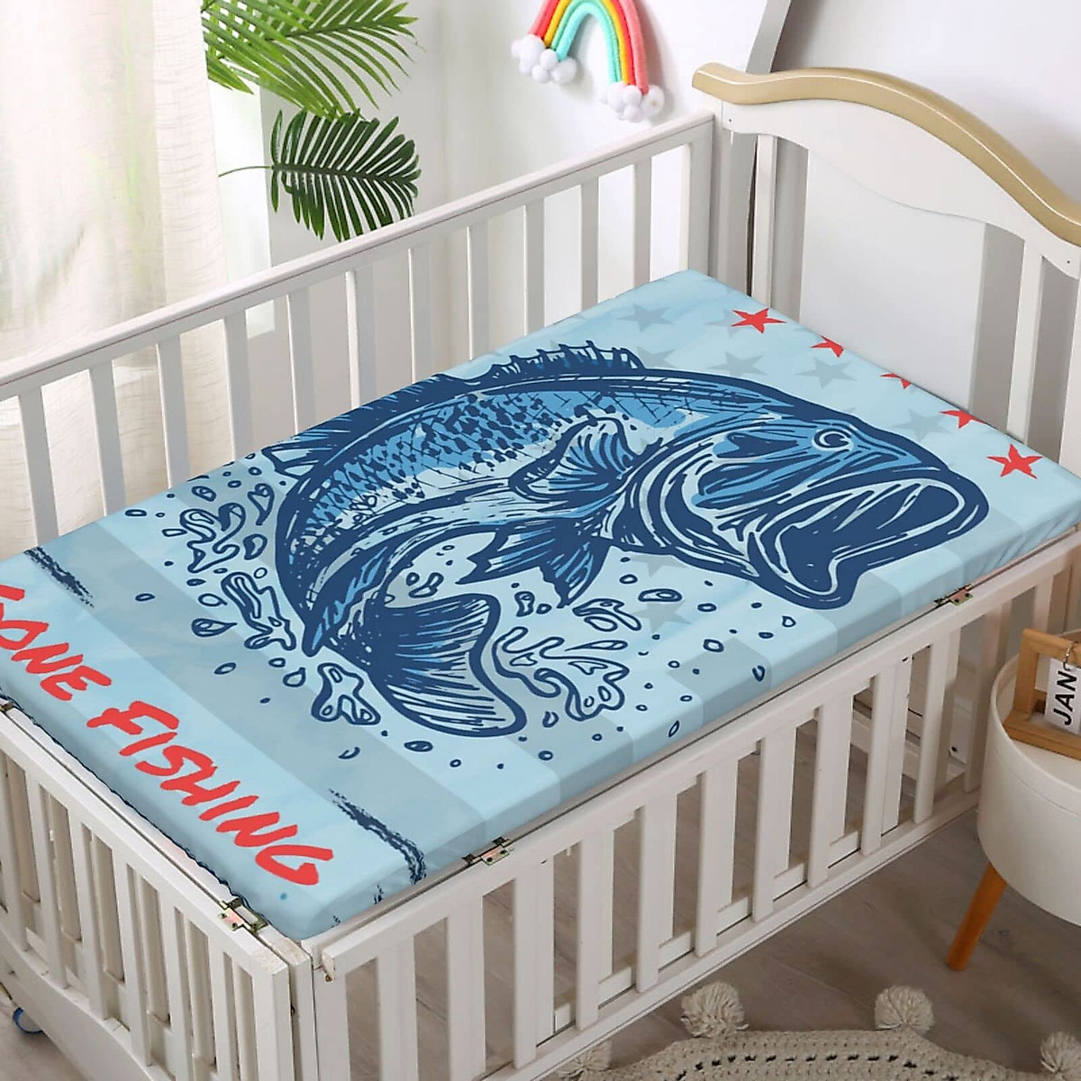 Gone Fishing Themed Fitted Crib Sheet,Standard Crib Mattress Fitted Sheet Toddler Bed Mattress Sheets-Great for Boy or Girl Room or Nursery,28“ x52“,Multicolor