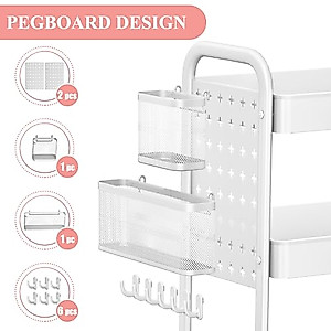 3 Tier Rolling Utility Cart - Craft Storage Organizer with Wheels, Art Cart with DIY Dual Pegboards, Removable Baskets Hooks, for Office, Home, Kitchen, Classroom (White)