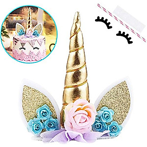 Unicorn Cake Topper Party Supplies Decorations for Girls Gold Unicorn Horn First Birthday Cake Topper Kit with Eyelashes, 5.8 Inch