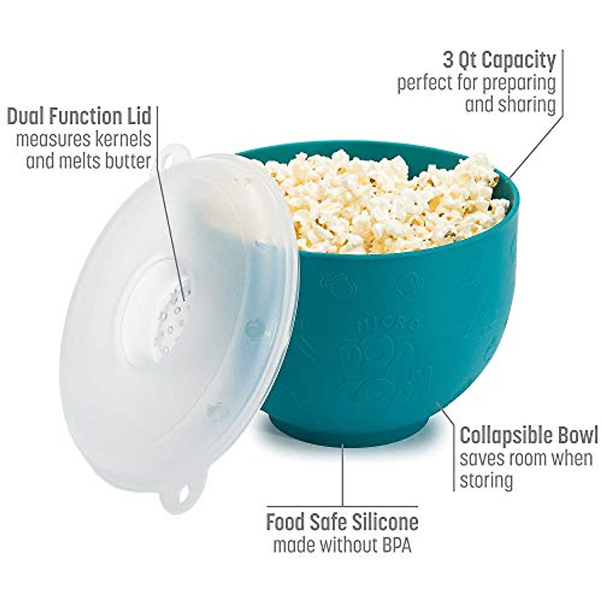 Goodful Silicone Popcorn Popper, Collapsible Hot Air Microwavable Popcorn Maker, Bowl Made without BPA, Teal