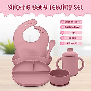 Koddlers Silicone Baby Feeding Set - Baby Led Weaning Supplies - Baby Suction Plate and Bowl Set - Baby Self Feeding Spoons Forks Sippy Cup and Bib - Baby Eating Utensils for 6+ Months (Pink)