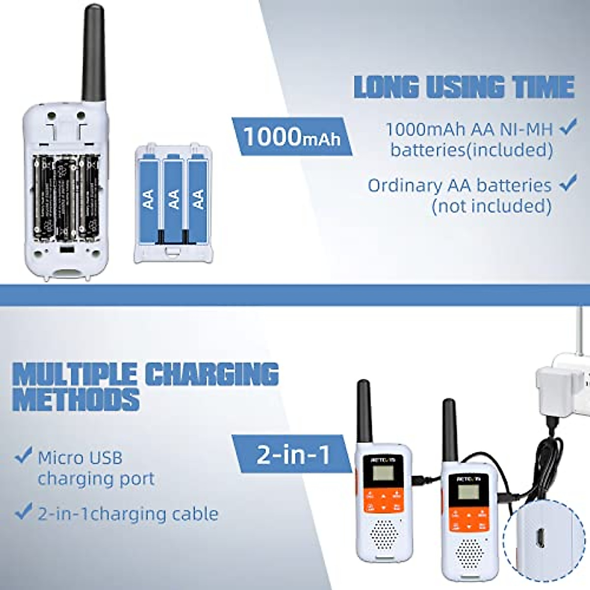 Retevis RT49B Walkie Talkies Rechargeable, Portable FRS Two-Way Radios, Mini Walkie Talkie Long Range, NOAA, Easy to Use Walkie Talkies for Adults, 2 Way Radio White 2 Pack Camping