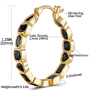 925 Sterling Silver Post Hoop Earrings for Women Black Cubic Zirconia Gold Plated Christmas Birthday Party Jewelry Gifts for Women Gilrs weinuo