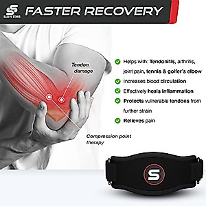 Sleeve Stars Tennis Elbow Brace for Men & Women, Tennis Elbow Strap Tendonitis Arm Band, Counterforce Brace & Elbow Band for Tendon Pain Relief w/ 3 Forearm Support Straps, Fits 9-23" (Single/Black)