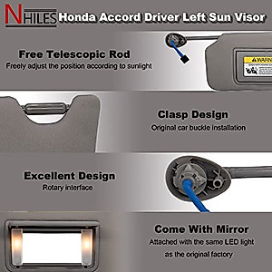 Left Driver Side Sun Visor Compatible with Honda Accord 2008 2009 2010 2011 2012 2013 2014 2015 2016 2017 with Light OEM : 83280-TA5-A51ZA (Grey)