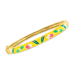 Ross-Simons Yellow and Multicolored Enamel Floral Bangle Bracelet in 18kt Gold Over Sterling. 8 inches