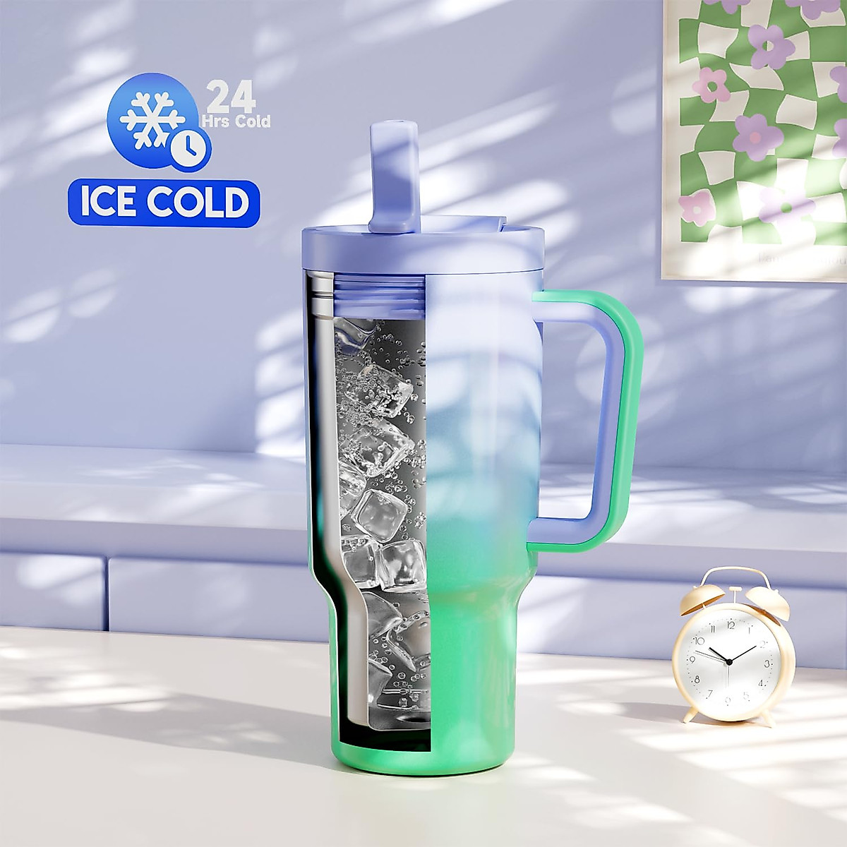 Meoky 32 oz Tumbler with Handle and Flip Straw, 100% Leakproof Tumbler with Lid and Straw, Stainless Steel Insulated Cup, Cupholder Friendly, Keeps Cold for 24 Hours (Fairyland)