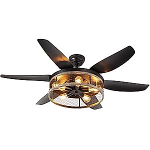Ohniyou Farmhouse Ceiling Fan with Lights and Remote,52 inch Rustic Ceiling Fan with Caged Light Fixture, Retro Black Outdoor Ceiling Fans for Patio,Living Room,Dining Room,Bedroom