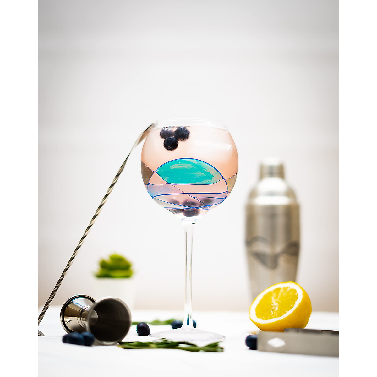 Antoni Barcelona Wine Glass Large Stem 21oz Mediterranean Art Handblown Handpainted Glassware Unique Gifts Ideas Women Men Birthday (Blue, Set 2)