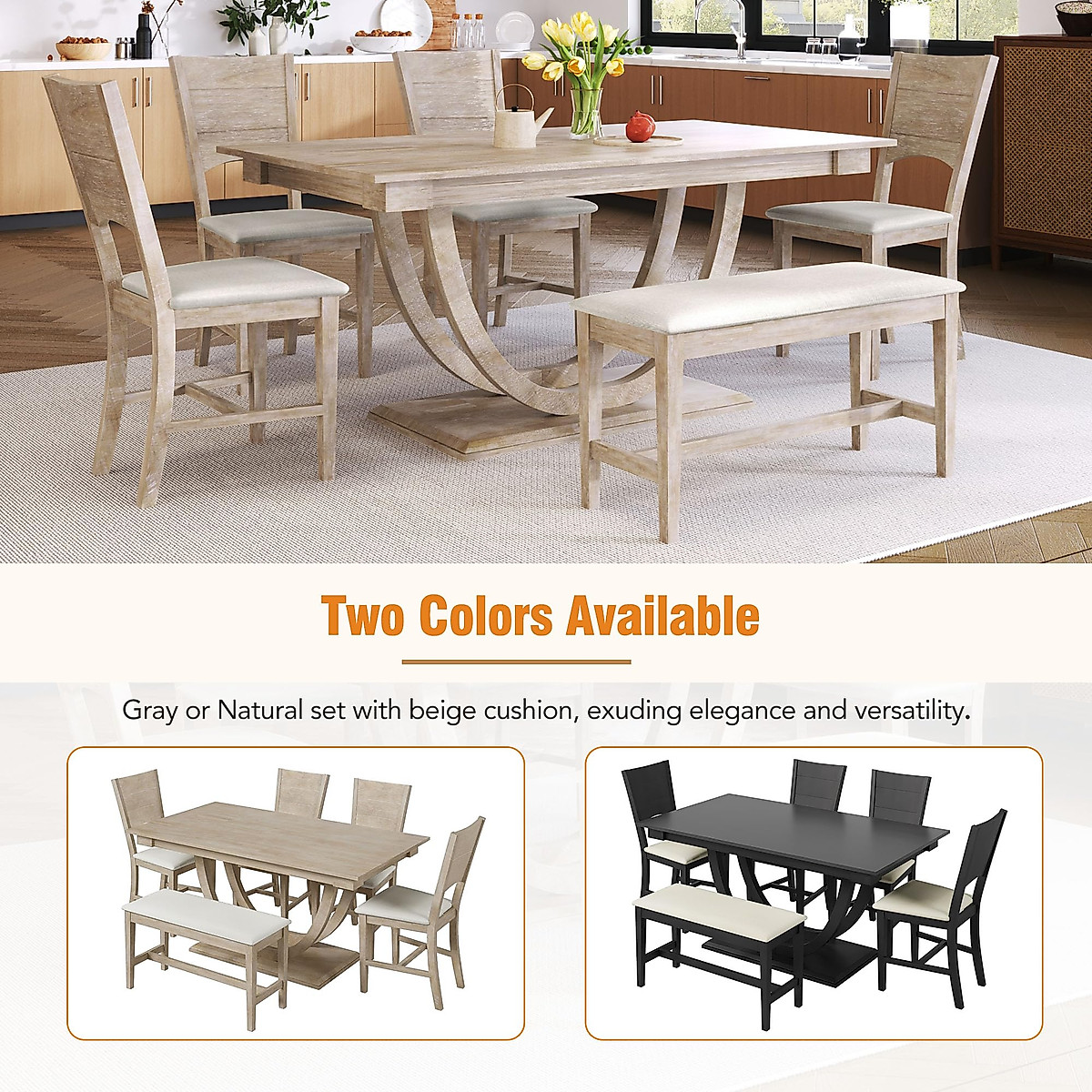 Wood Half Round Dining Table Set, Modern 6-Piece Kitchen Table Set with Long Bench and 4 Dining Chairs, Padded Chairs & Bench Set of 6, Half Round Legs Dining Table (Natural+beige,Half Round Legs)