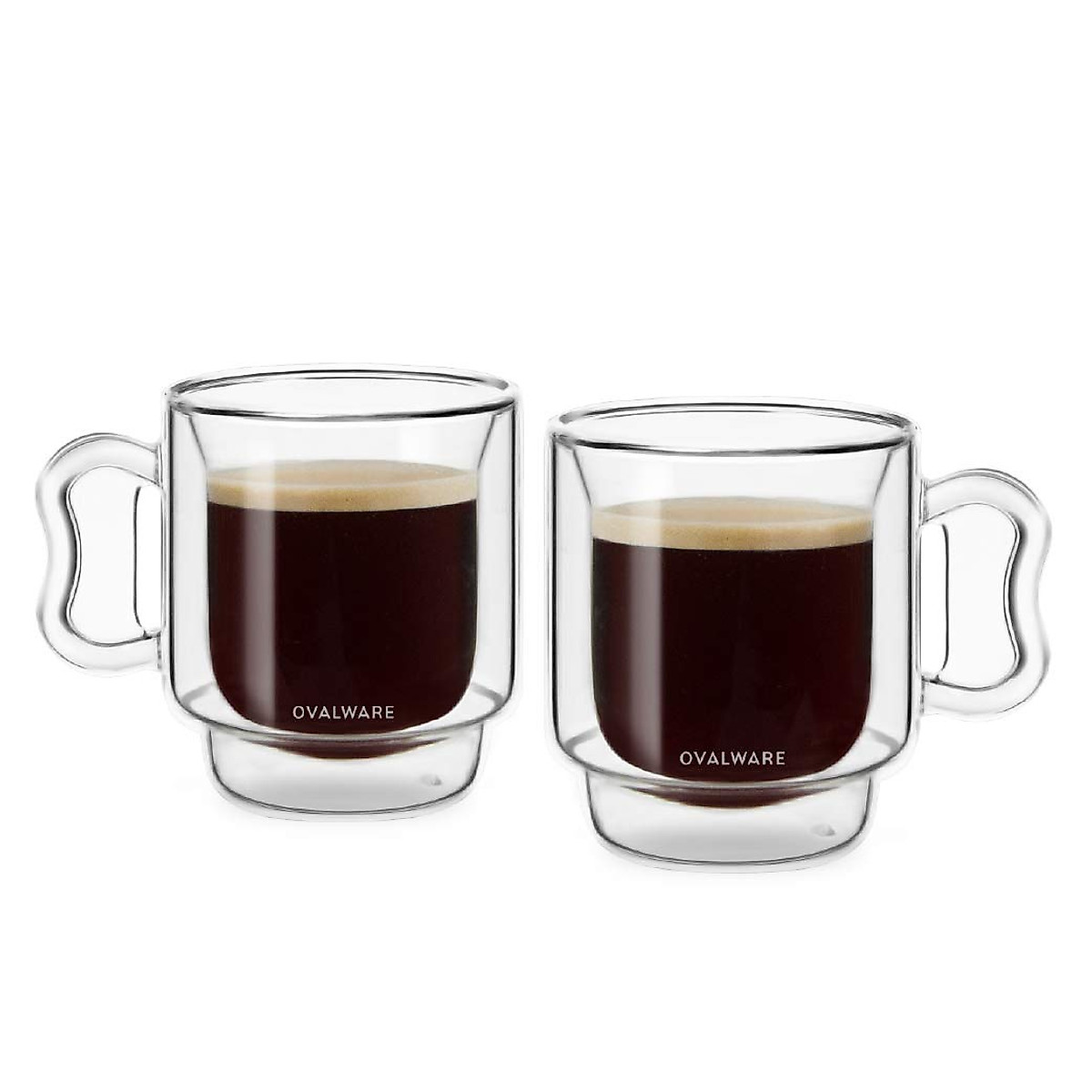 ovalware RJ3 Espresso Coffee Glass Cups 4oz/120ml (Set of 2) Double Walled Glass Cup w/Solid Butterfly Handle- Elegant Borosilicate Espresso Shot Mug - Stackable Insulated Transparent Demitasse Glass