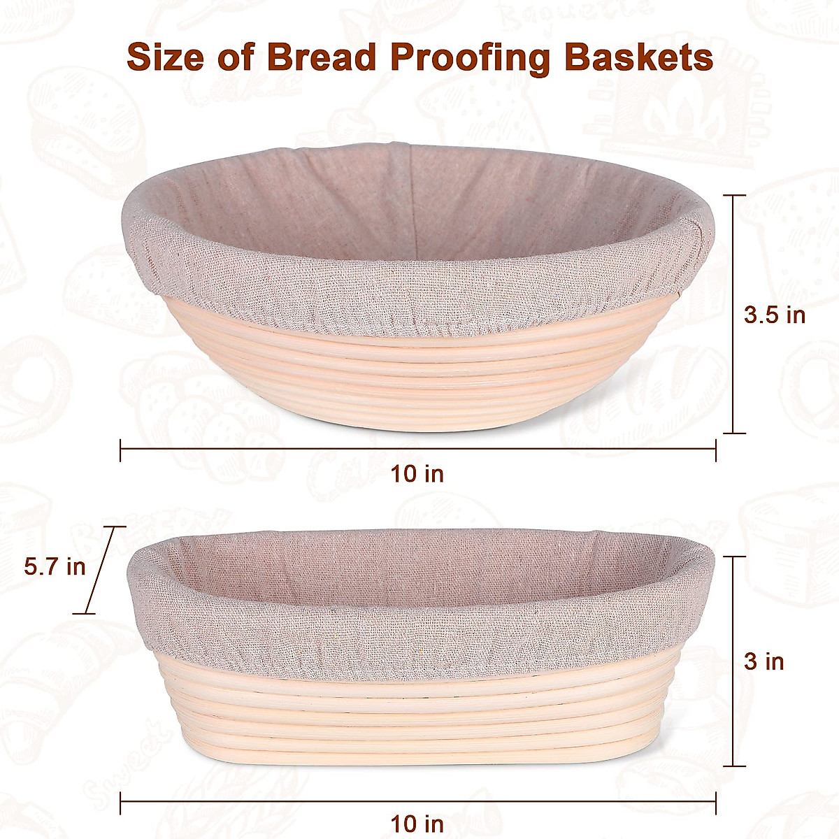 Lokeisna Bread Proofing Basket Set of 2, 10 Inch Round &Oval Cane Sourdough Proofing Basket with Bread Baking Supplies-Bread Lame, Danish Whisk, Bowl Scraper & Dough Scraper, Wonderful gift for Bakers
