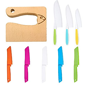 9 Pcs Kids Knife Set, Godkider Kid Safe Knives for Real Cooking, Montessori Kitchen Tools for Toddlers include Wooden Toddler Kitchen Knife & Plastic Serrated Edges Children Knives, Fish