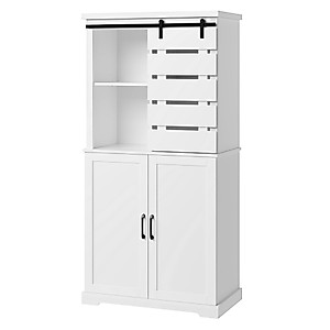 BOTLOG Tall Kitchen Pantry, Large Wood Storage Cabinet with Sliding Barn Door and Adjustable Shelves, Tall Freestanding Cupboard for Dining Room, Living Room, Laundry, White