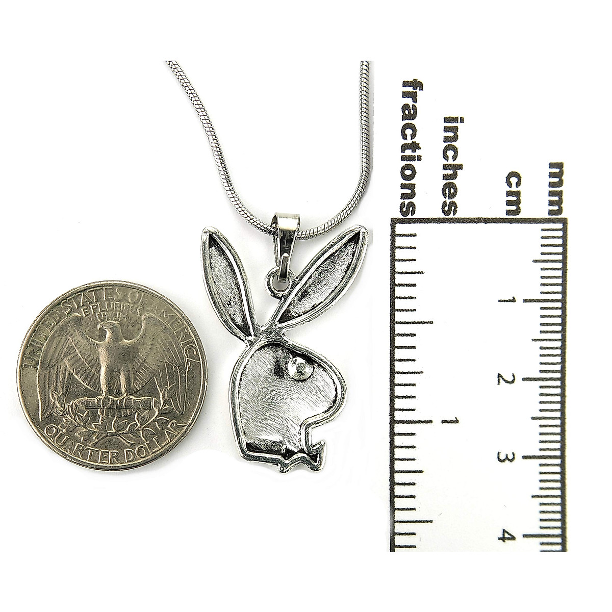 Playboy Bunny Necklace, 18" (45cm) Snake Chain, Pure 304 Stainless No-Tarnish Chain with Antiqued Silver Zinc Alloy Playboi Pendant