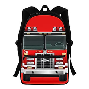 AFPANQZ Cartoon Fire Truck Backpack for Elementary School for Womens Girls Boys Lightweight School Bags Bookbags Daypack Satchel with Front Pocket