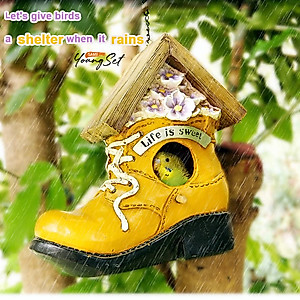Hanging Yellow Shoe Bird House for Outside, Unique Birdhouses Outdoor for Home Garden Decor, Resin Handicrafts, Easy to Install and Clean, Great Birdhouse Gift, SAME YOUNG SET