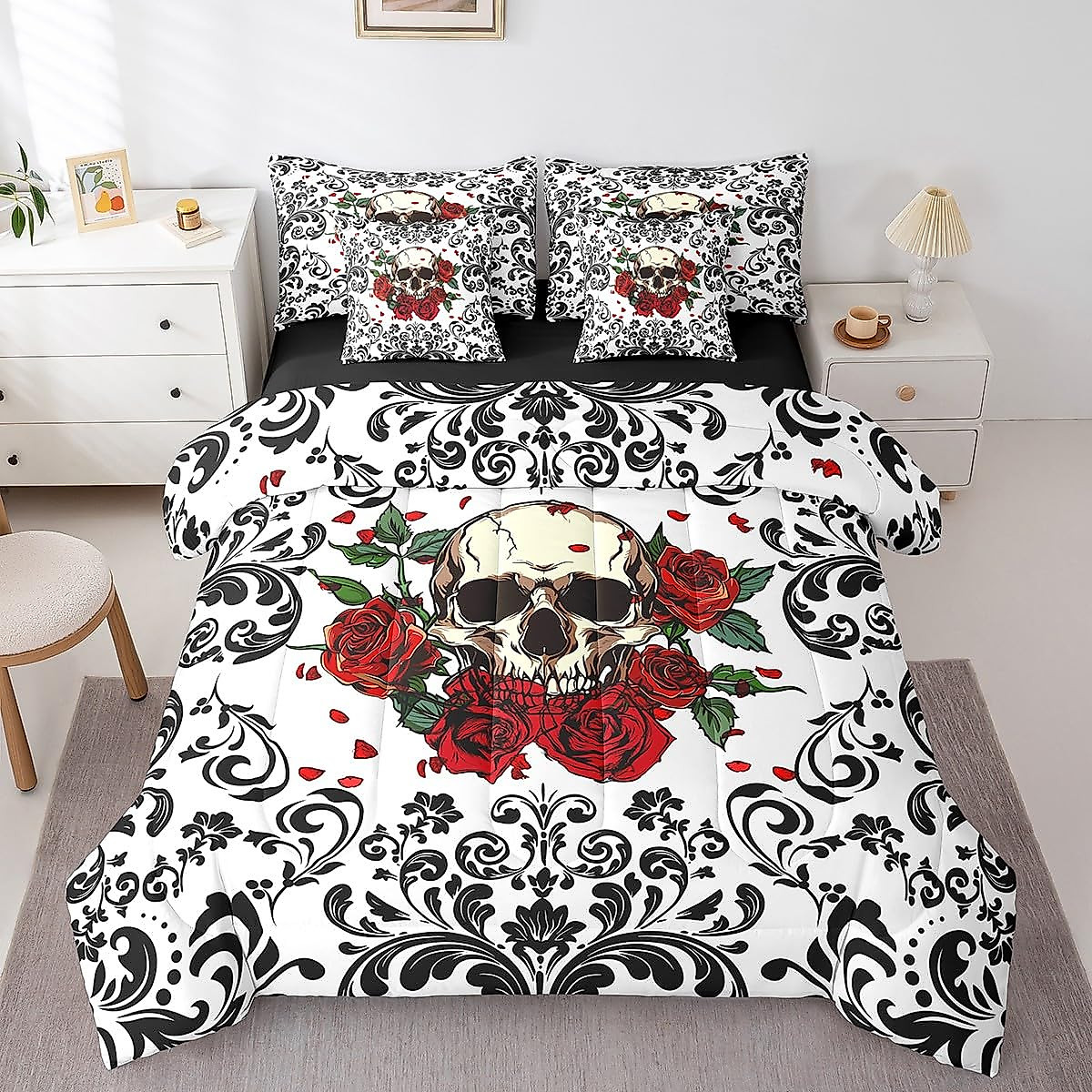 Erosebridal Skull Red Roses 7 Piece Bedding Set King Black Damask Floral Gothic Bed in A Bag Halloween Skull Skeleton Comforter Set with Sheets for Kids Boys Adults,Goth Hippie Skull Bed Set White