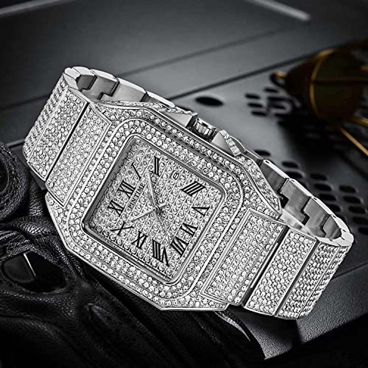 Gosasa Fashion Hip Hop Men's Crystal Watch Bling Bling Iced Out Watch Rectangle Case Stainless Steel Quartz Analog Bracelet Wristwatch (Silver)