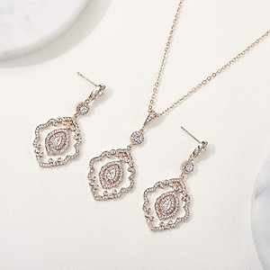 SWEETV Wedding Jewelry for Bride, Rose Gold Necklace and Earrings Jewelry Set, Bridal Jewelry Set for Wedding Party Costume