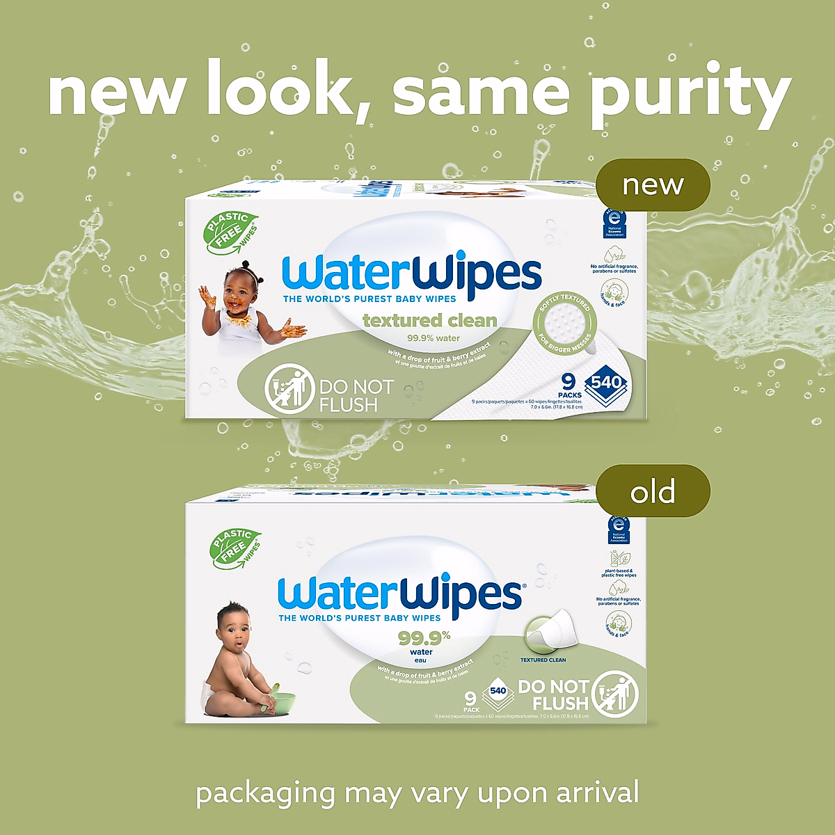 WaterWipes Plastic-Free Textured Clean, Toddler & Baby Wipes, 99.9% Water Based Wipes, Unscented & Hypoallergenic for Sensitive Skin, 540 Count (9 packs), Packaging May Vary