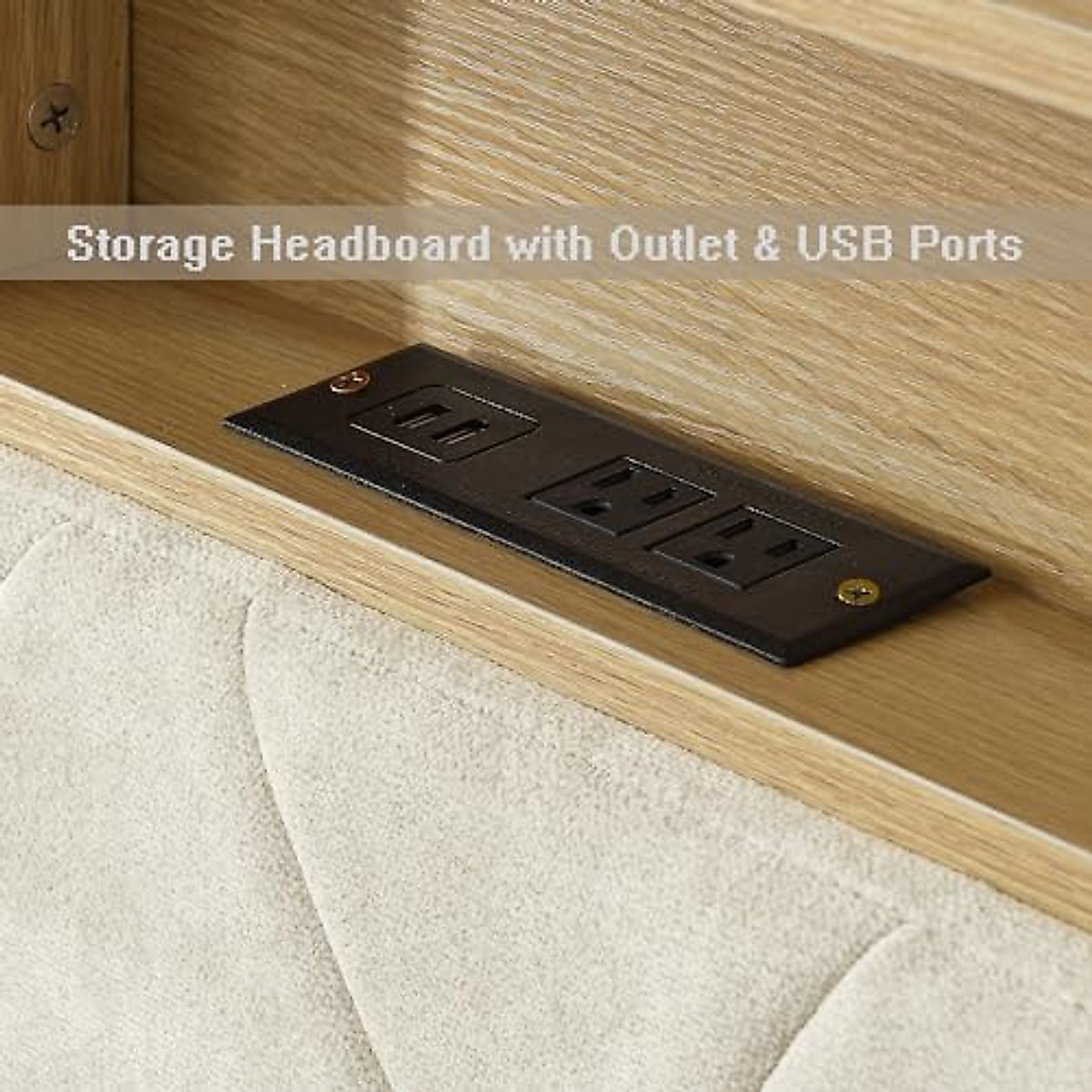 Klwenas Maec Queen Size Bed Frame,Modern Fabric Platform Bed Frame with Outlet & USB Ports,Storage Headboard,Heavy Duty Mattress Base,Wooden Slat Support,No Box Spring Needed (Beige, Queen)