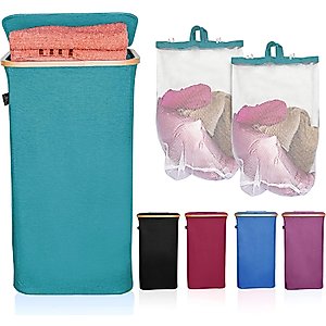 Royal Assad Large Collapsible Laundry Hamper with Lid - Foldable Bamboo Laundry Basket with 2 Removable Bags for Clothes, Towels, Bedroom, Bathroom - 27.2 Gallons (103L) - Light Teal