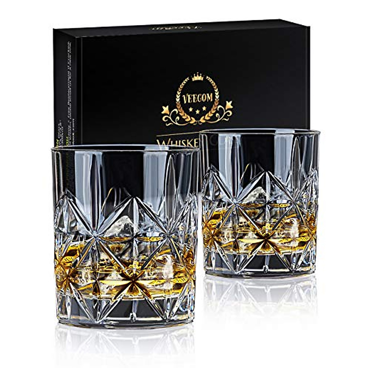 veecom Whiskey Glass Set of 2, 10 oz Crystal Whiskey Glasses Thick Bottom Bourbon Glasses Old Fashioned Rocks Glass Tumbler for Scotch, Cocktail, Liquor, Home Bar Whiskey Gifts for Men (Glass Set 2)