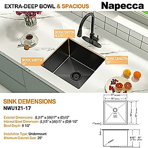 NAPECCA 17" Black Undermount Bar Sink - 17x17 Stainless Steel Square Single Bowl 18 Gauge, Gunmetal Black Small Kitchen Sinks, Nano Dark Grey Deep Modern Wet Bar/Island/Prep Sink with Accessories