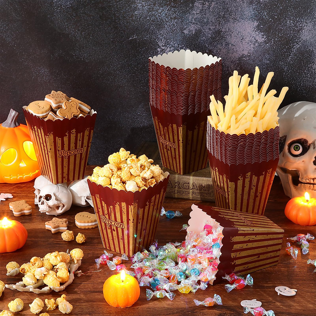 MotiMind 100 pcs Popcorn Boxes for Movie Night Popcorn Bags Popcorn Containers Creepy Carnival Decor Circus Snack Boxes Candy Cookie Container for Movie Night Halloween Birthday Party Supplies