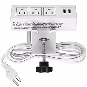 Desk Clamp Power Strip, Desktop Power Outlet Clamp Mount with 2 USB Ports, 3 AC Outlets, Mountable Desk Outlet Removable Power Plugs with 6.56ft Power Cord (3AC2USB-White)