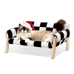 MEWOOFUN Cat Couch Bed, Pet Sofa for Indoor Cats Wooden Indoor Elevated Cat Beds with Removable Mattress Cover Suitable for Kitty, Puppy or Small Animal (Chessboard, Medium)