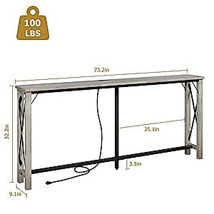 IDEALHOUSE Sofa Tables Narrow Long, Extra Long Console Table with Outlets, 73.2" Behind Couch Table, Grey Farmhouse Entryway Table for Living Room, Hallway, Foyer