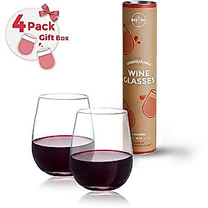 YO BISTRO Unbreakable Stemless Wine Glasses | Set of 4 + Gift Box | 100% Tritan Shatterproof Plastic | 16 Oz | Dishwasher Safe
