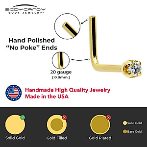Body Candy 14k Gold L-Shaped Nose Ring with 1.5mm Diamond (0.015 cttw), Hypoallergenic Nose Jewelry - Handmade in USA, 20 Gauge 1/4 inch at Bend