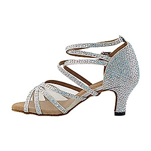 Very Fine Dance Shoes Ladies Latin, Salsa, Rhythm Ballroom Dance Shoes Crystal Collection 5008Bling 2.5 inch Low Heel & Shoe Bag (Random Color) (White Glitter Satin & Mesh, Size 6.5)