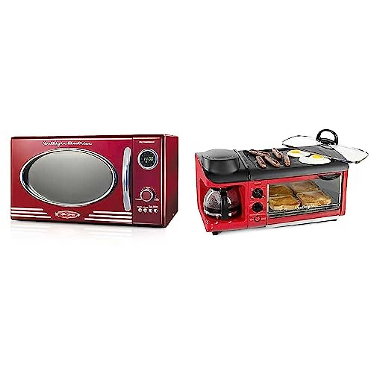 Nostalgia Retro Countertop Microwave Oven - Large 800-Watt - 0.9 cu ft - 12 Pre-Programmed Cooking Settings & Retro 3-in-1 Family Size Electric Breakfast Station, Non Stick Die Cast Grill/Griddle