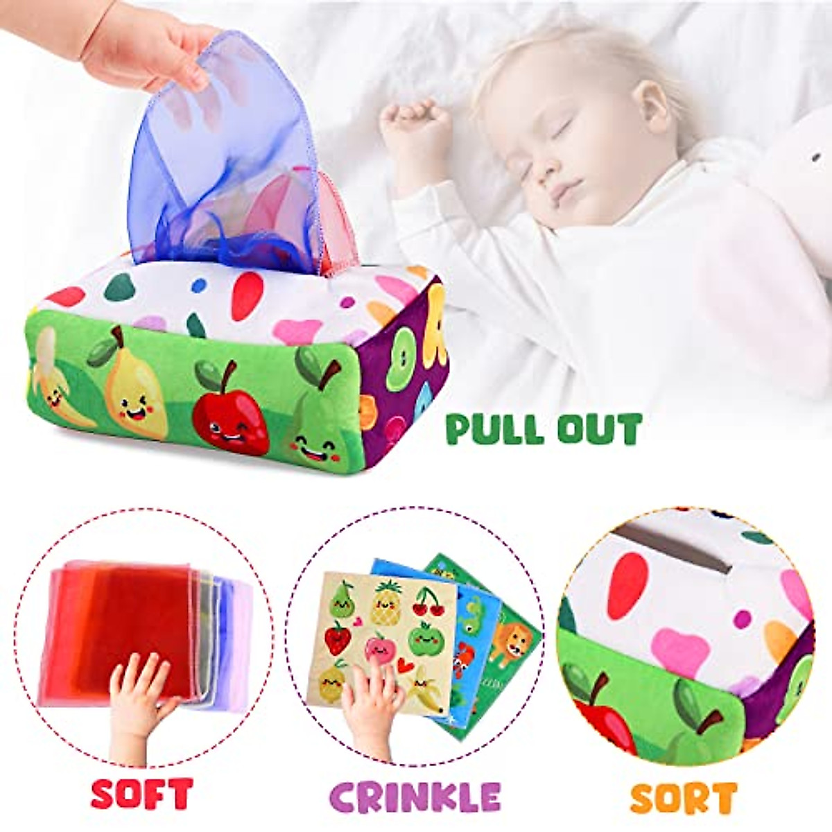 Baby Toys 6 to 12 Months - Baby Tissue Box Toy - Montessori Toys for 1 Year Old, Soft Stuffed High Contrast Crinkle Infant Sensory Toys, Boys&Girls Newborn Toys Kids Early Learning Toys Baby Gifts